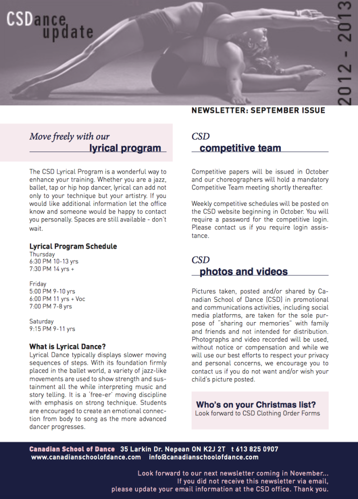 September 2012 Newsletter - Canadian School Of Dance