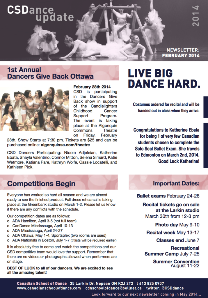 February 2014 Newsletter - Canadian School Of Dance